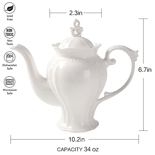 Fine Porcelain White English Teapot, Coffee Pot, Victoria Style, Light Weight, 34 Oz