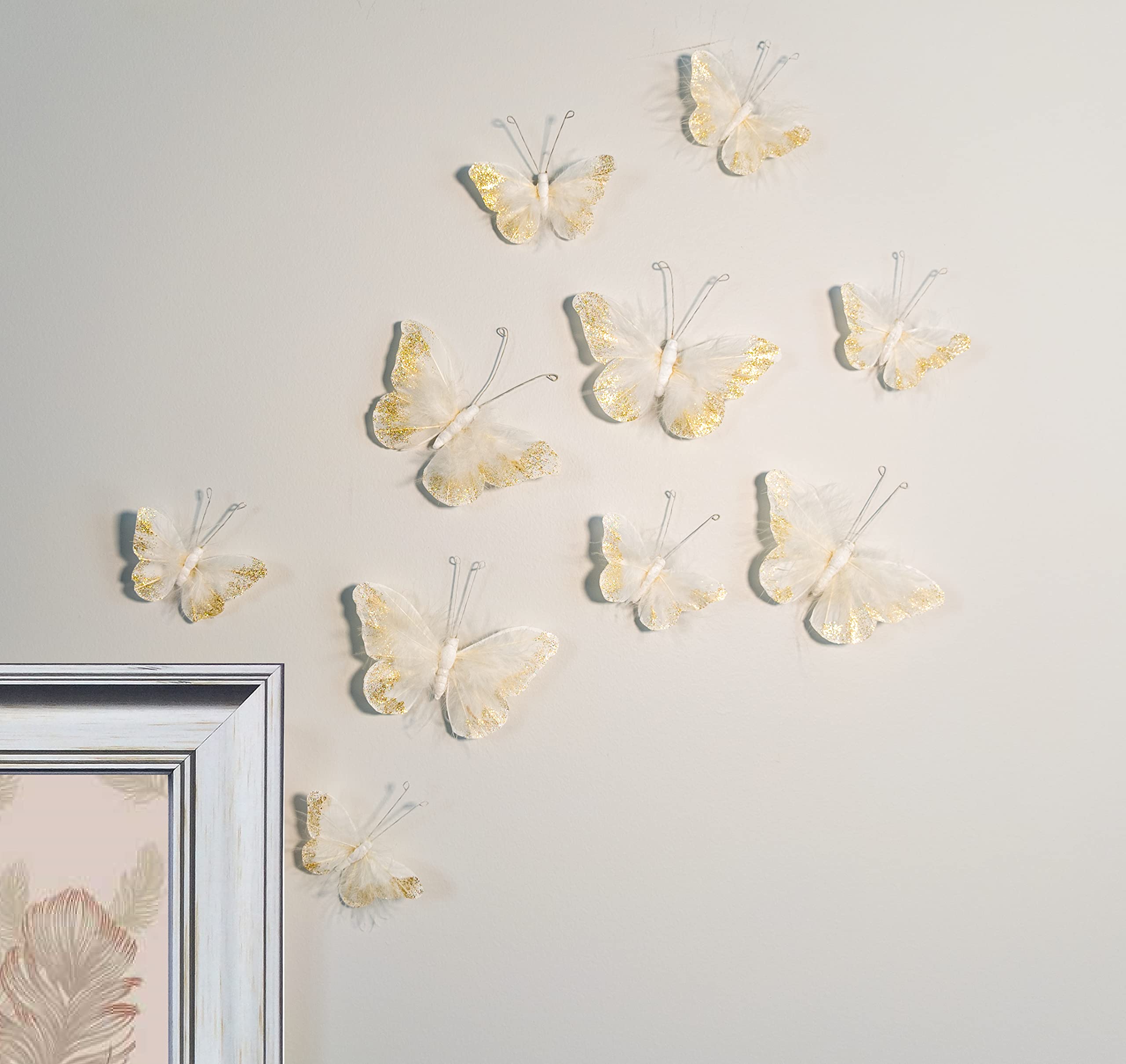 Inspired by Jewel Butterfly Wall Decorations Premium Quality Real Feather 3D Wall Decals Girls Bedroom | Stunning Gold Glitter Decor Stickers All Rooms & Nursery Sets | 10 Adhesive Pieces