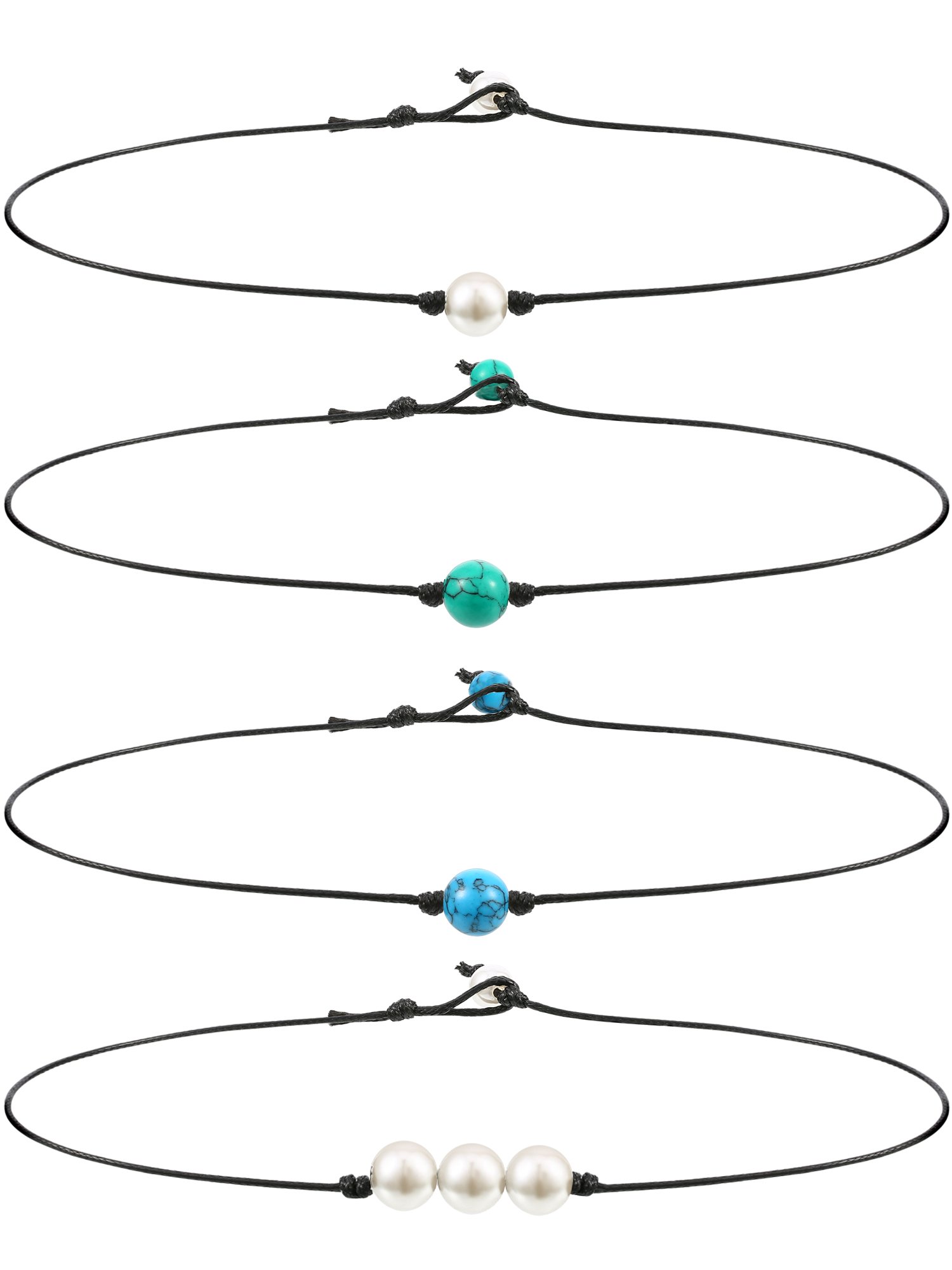 4 Pieces Beads Choker Necklace Include White Crystal Necklace Shell Choker Turquoise Rice Bead Necklace White Rice Bead Choker Necklace (Pearl and Turquoise)