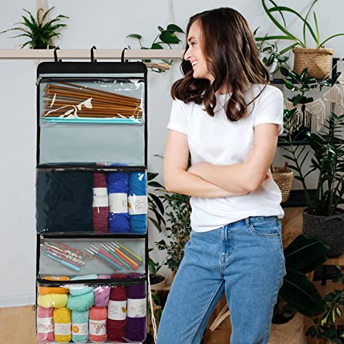 Ai CAR FUN Hanging Yarn Knitting Storage Organizer with 4 Compartments, Clear Wall Display Bulky Yarn Organizers Over The Door, Hanging Bags for Knitting Needles, Crochet Hooks
