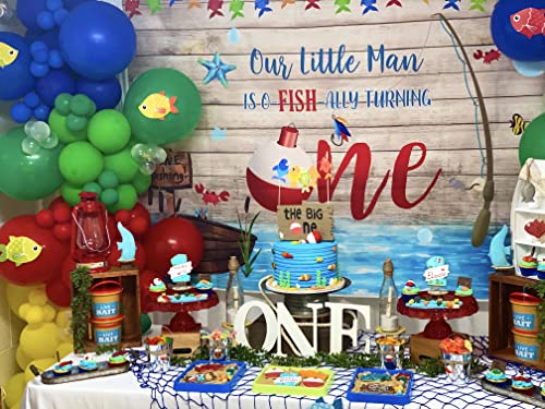 Mocsicka Gone Fishing Birthday Party Backdrop O-Fish-Ally 1st Birthday Party Decoration for Boy Rustic Wooden Cake Smash Photography Background (7x5ft)