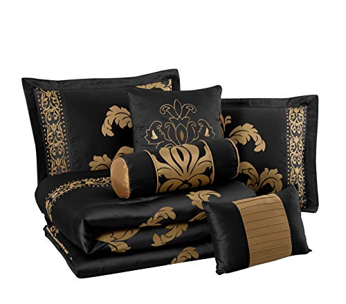 Chezmoi Collection 7-Piece Jacquard Floral Comforter Set/Bed-in-a-Bag Set, King, Black Gold