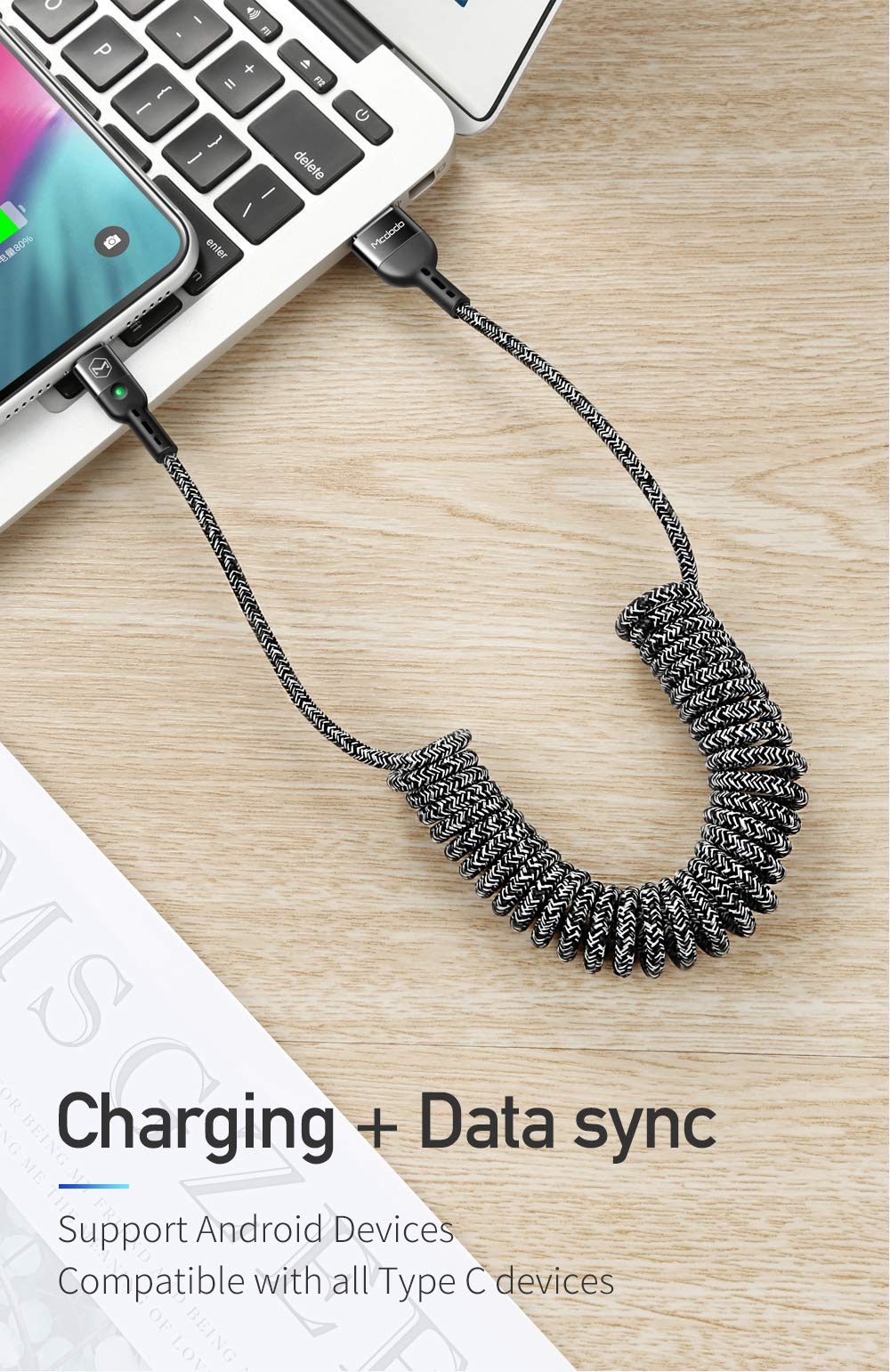 mcdodo [Type-C] Anti Winding Cable, Quick Charge QC 4.0 USB C Charging Data Coiled Cable Nylon Braided LED Compatible with Phone 15/15 Pro Max/Samsung Galaxy S20 S10 S9 S8 Plus Note10 LG Google Pixel