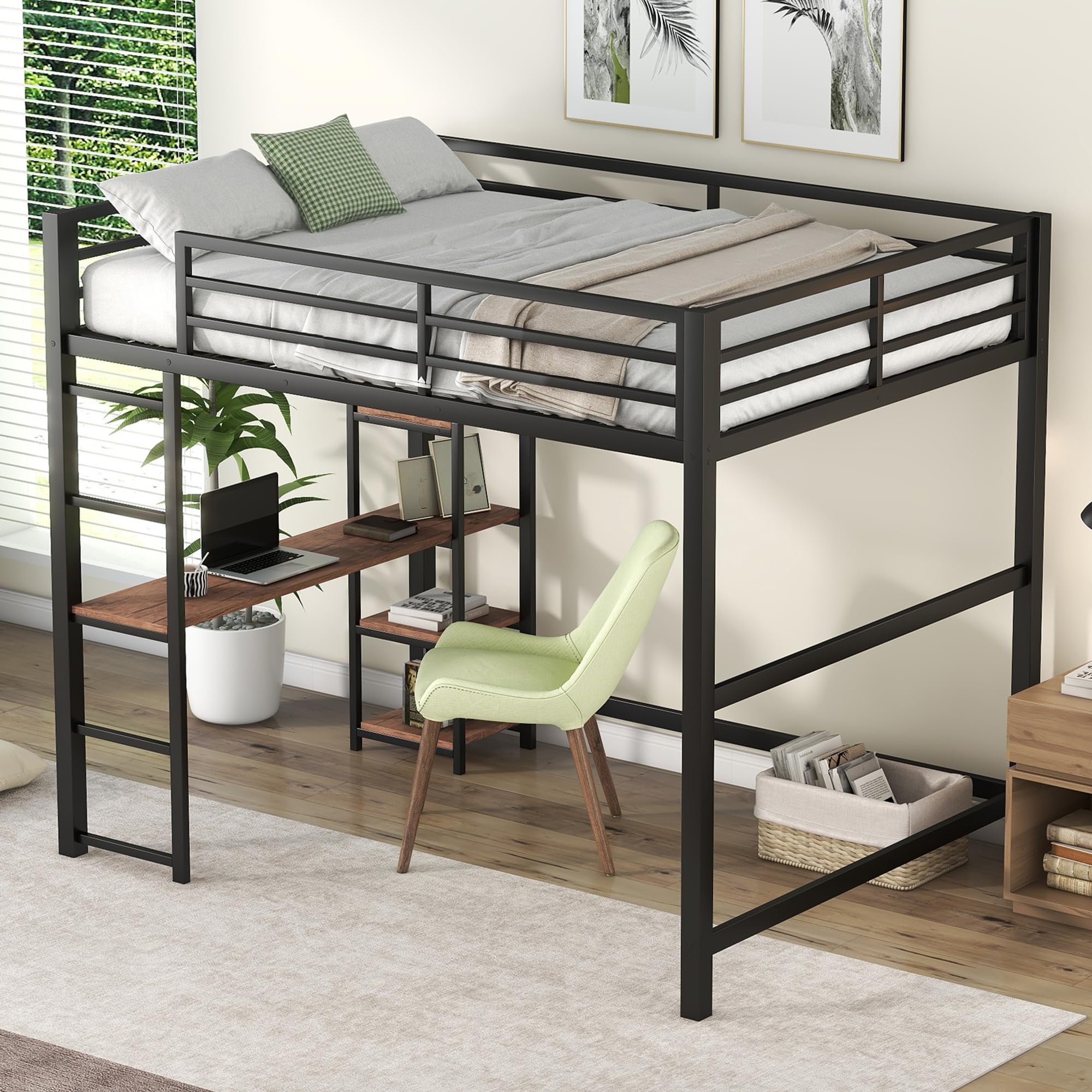 Harper & Bright Designs Full Size Loft Bed with Upper Grid Storage Shelf, Metal Full Loft Bed with Storage Stairs, Space Saving High Loft Bed for Teens Boys Girls,No Box Spring Needed, White