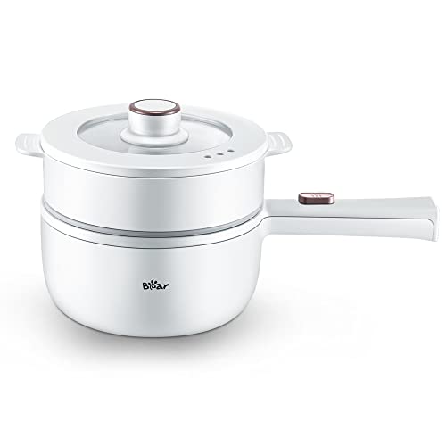 Bear Electric Cooker with Steamer, 1.6L Rapid Noodles Cooker, Mini Pot, Non-Stick Frying Pan for Steak, Ramen, Egg, Oatmeal, Soup with Power Adjustable