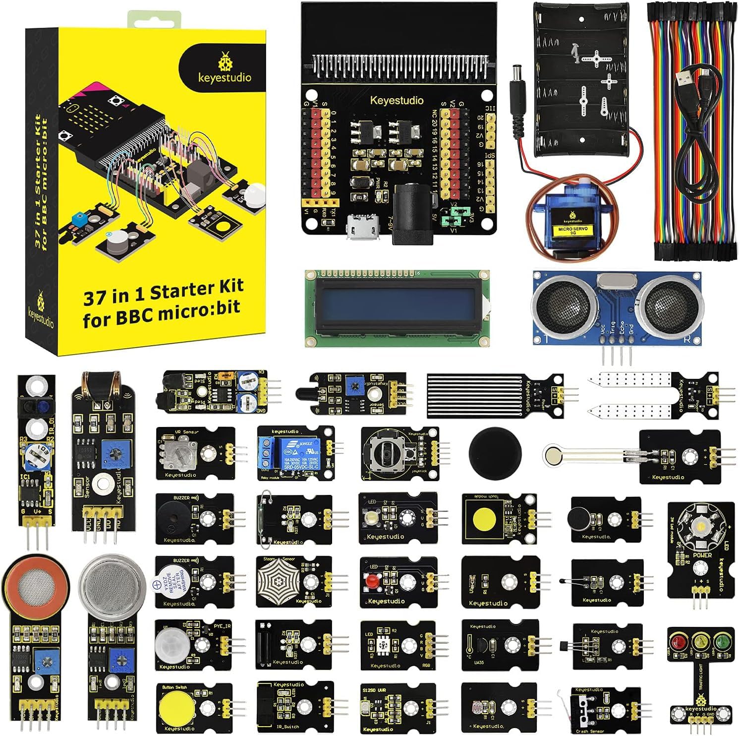 KEYESTUDIO 37 Sensors in 1 Box Starter Kit for BBC Micro bit with Tutorial (Without Microbit Board), Compatible with V1.5, V2 Microbit Sensor Kit Accessories Programming Electronics for Teens Adults