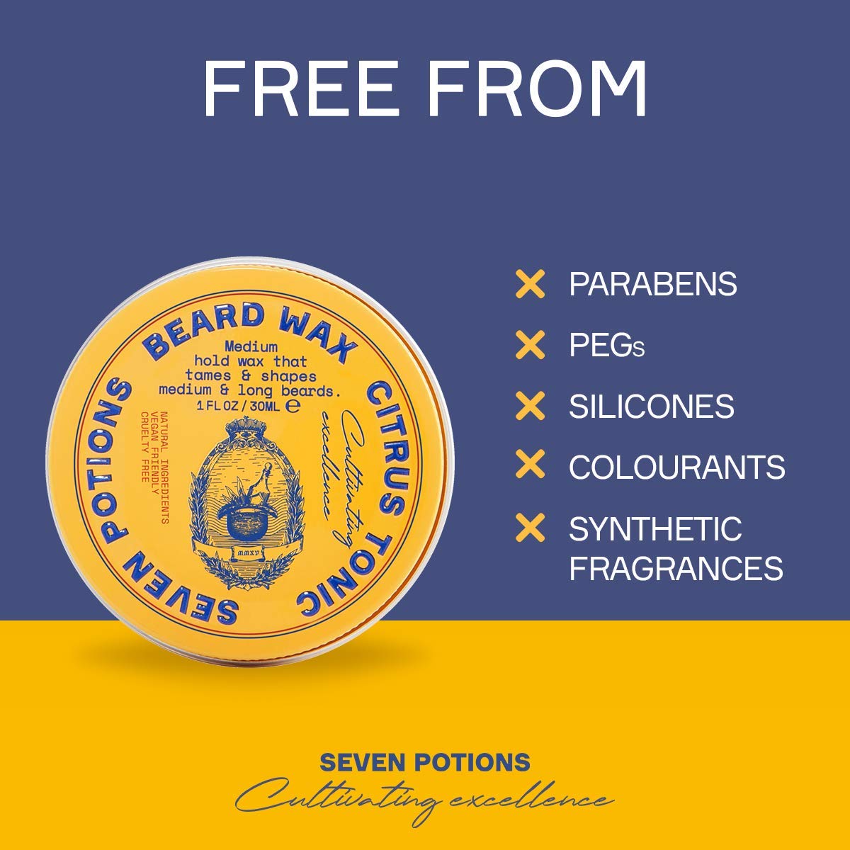 SEVEN POTIONS Beard Wax for Men — Medium Hold Styling Wax to Shape And Nourish Your Beard — All-Natural, Vegan, Cruelty Free — Citrus Tonic (1 FL OZ)