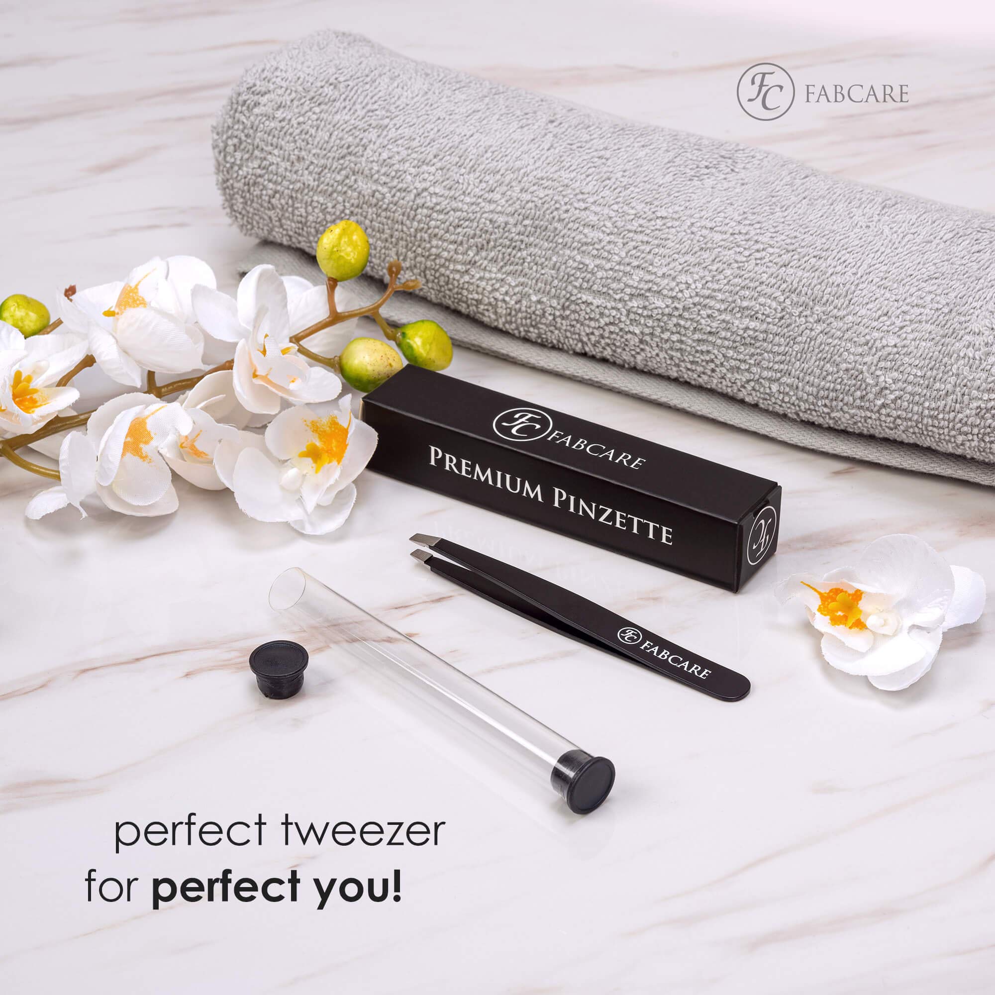 FABCARE Tweezers for plucking eyebrows with slanted tips, includes case, professional non-slip coating, high-quality tool for hair removal, suitable for men and women, precise and durable design.
