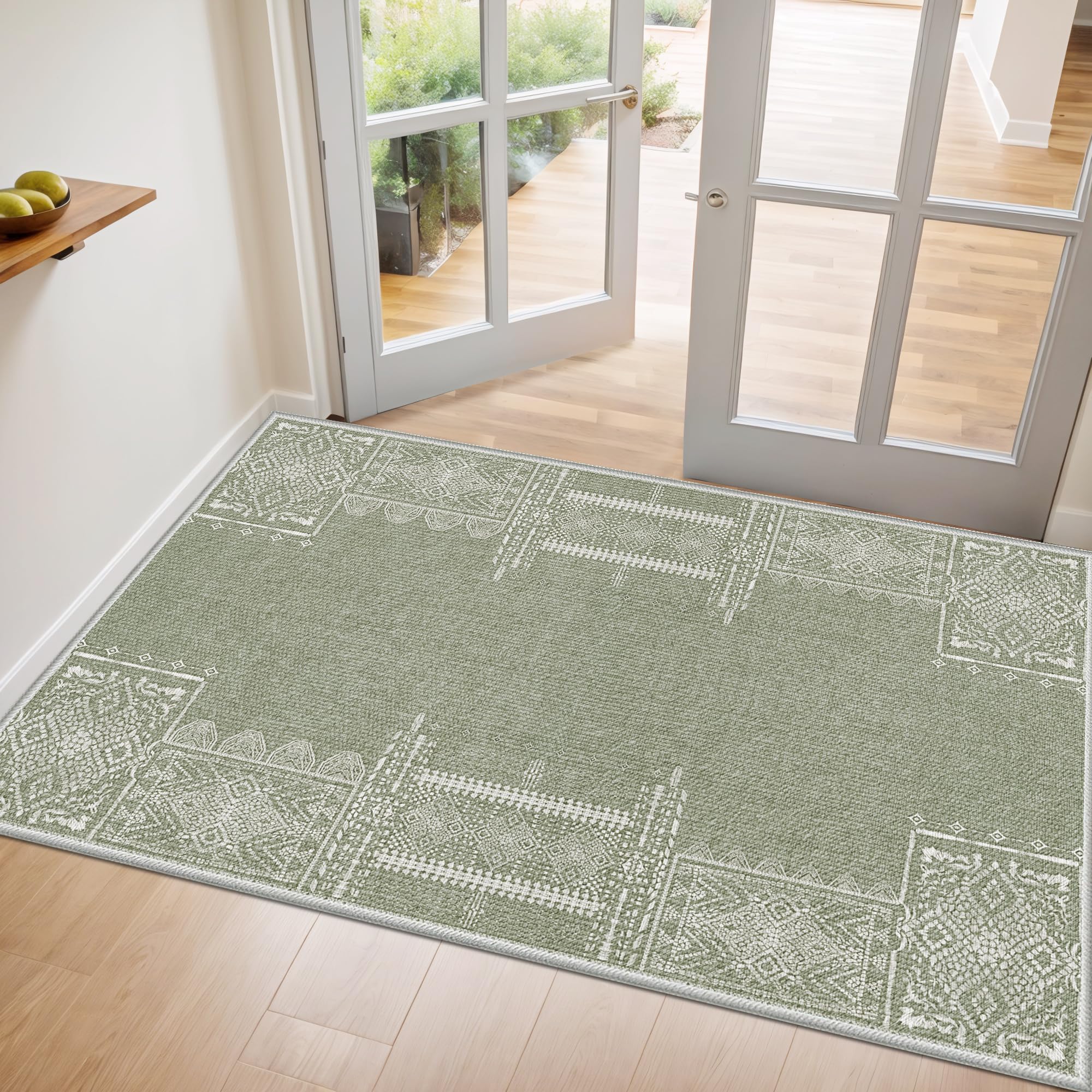 NICETOWN Sage Green Rug 2x3 Rugs Entryway Small Rug Washable Christmas Rug Thin Geometric Area Rug with Rubber Backing - 2x3 Boho Non-Slip Foyer Carpet for Kitchen Laundry Bathroom Bedroom, Sage Green