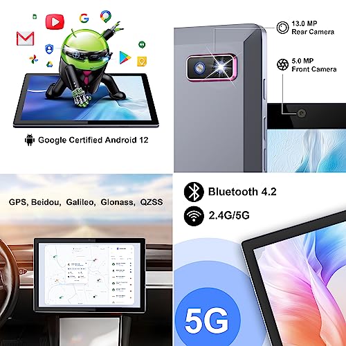 BYYBUO Tablet 10.1 inch Android 12 Tablets, 4GB RAM+64GB ROM, 1920x1200 IPS FHD Display, 7000mAh Battery, 5.0MP+13.0MP Camera, Octa-Core Processor, 2.4G+5G WiFi, Bluetooth, GPS, FM (2023 Gray)