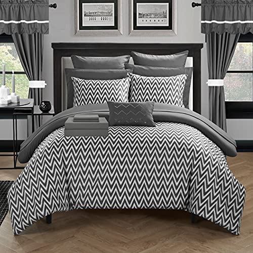 Chic Home CS0576-AN 20 Piece Jacksonville Reversible Chevron Pattern Comforter Set, King, Grey