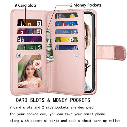 NJJEX Wallet Case for iPhone XR, for iPhone XR Case, PU Leather [9 Card Slots] ID Credit Holder Folio Flip Cover [Detachable][Kickstand] Magnetic Phone Case & Lanyard for iPhone XR 6.1" [Rose Gold]