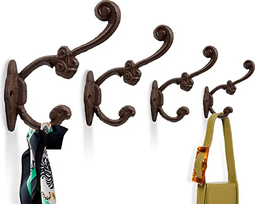 Decorative Rustic Wall Hooks – Shabby Chic Set of 4 Wall Mounted Hooks for Coats, Bags, Towels and More – Vintage Hooks for Farmhouse Décor - Sturdy, Cast Iron Hooks in Rustic Brown Color
