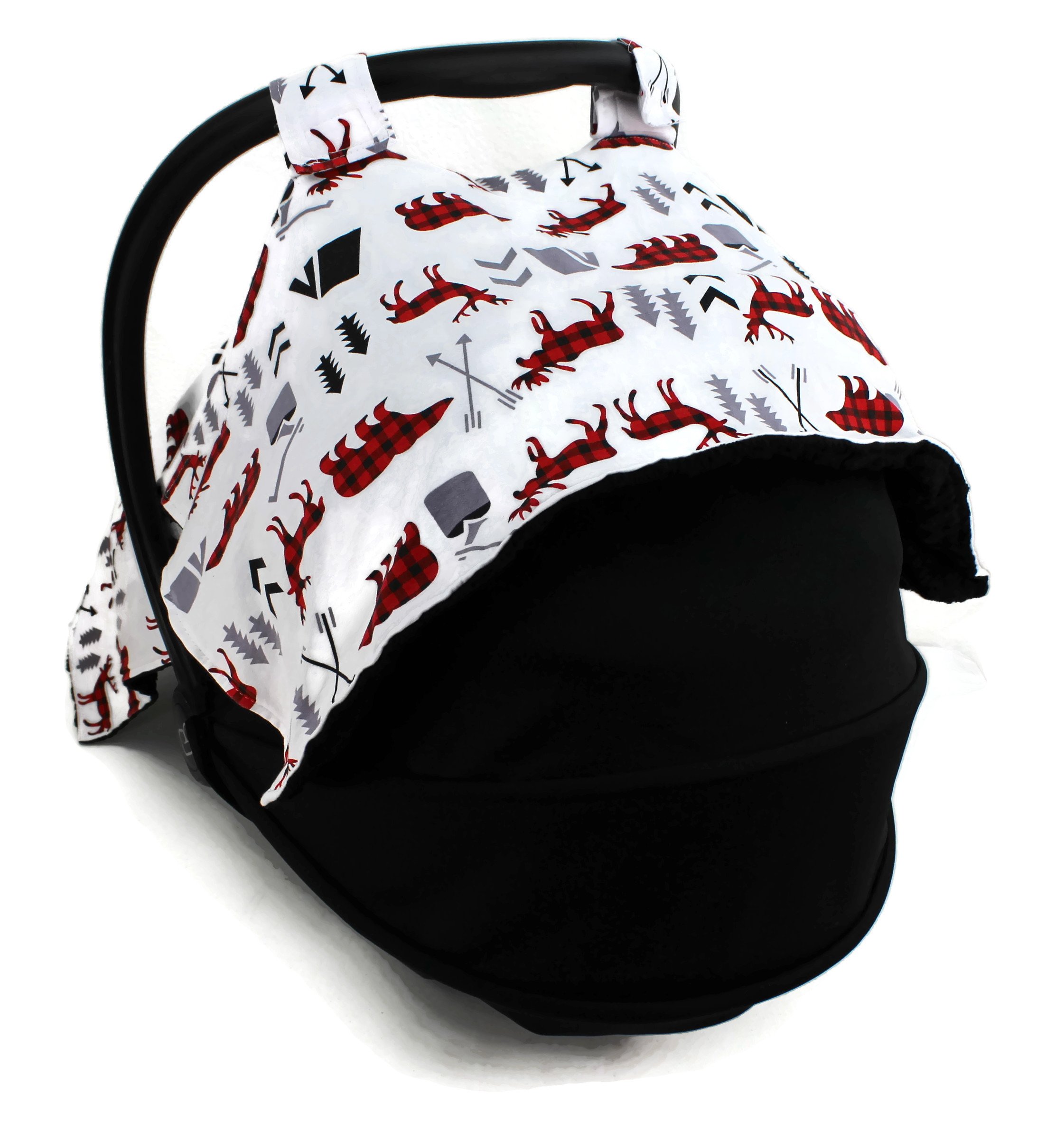 Dear Baby Gear Car Seat Canopy, Woodland Adventure Bear Moose Plaid, Minky Black