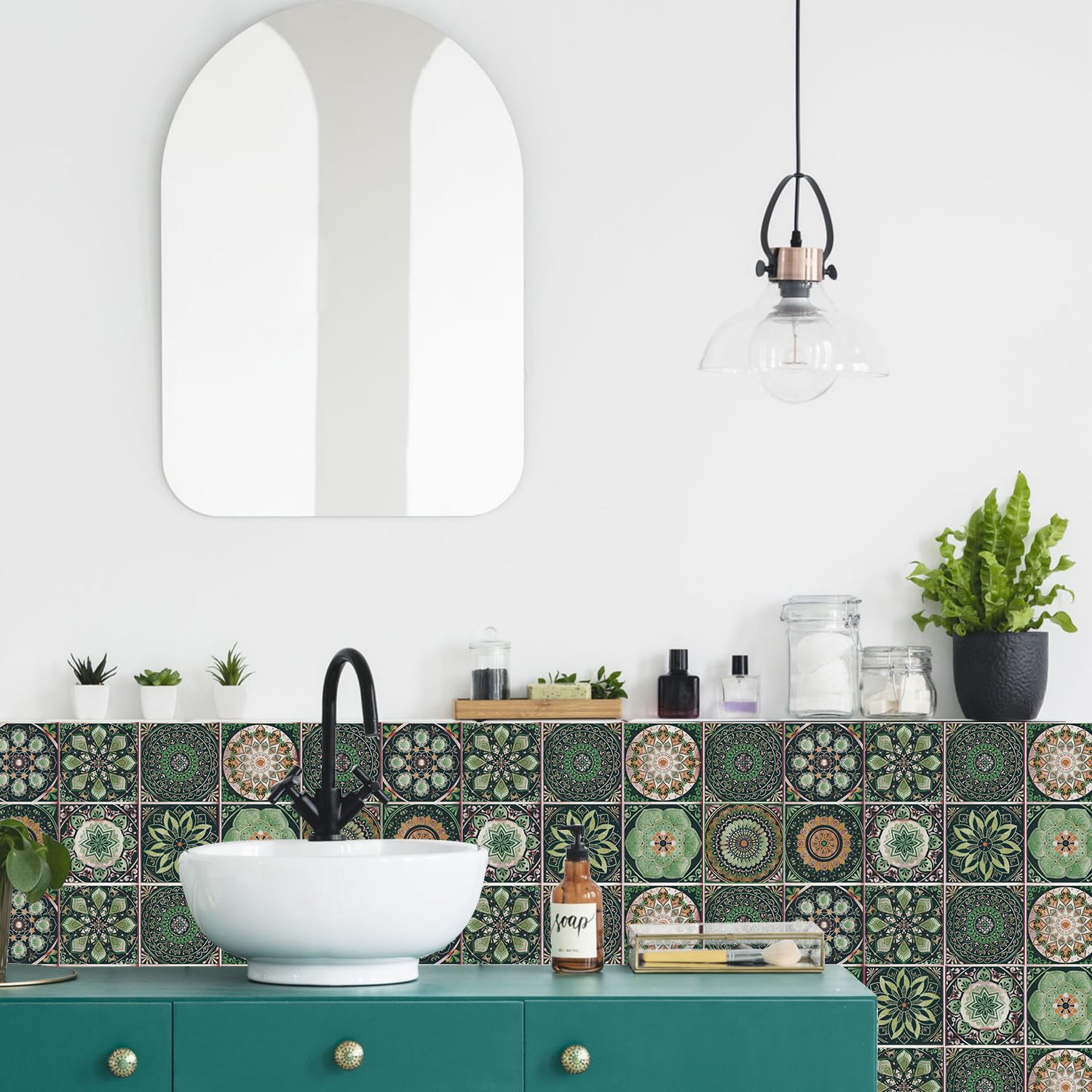 Adreamer90 Mandala Moroccan Wallpaper Tile Stickers 5.91 * 5.91 in Peel and Stick,Removable Talavera Decor 2D Wall Tile Decals for Kitchen Bathroom Laundry Stair Fireplace Art Decor Tiles