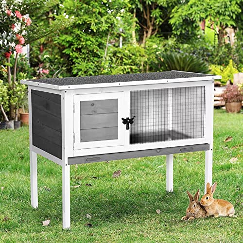 AMZOSS 36" Rabbit Hutch, Wooden Bunny Cages Indoor with Deeper Leakproof Tray, Small Elevated Rabbit Hutch with Hinged Asphalt Roof, and Made of Strong Fir Wood Indoor/Outdoor (US Spot)