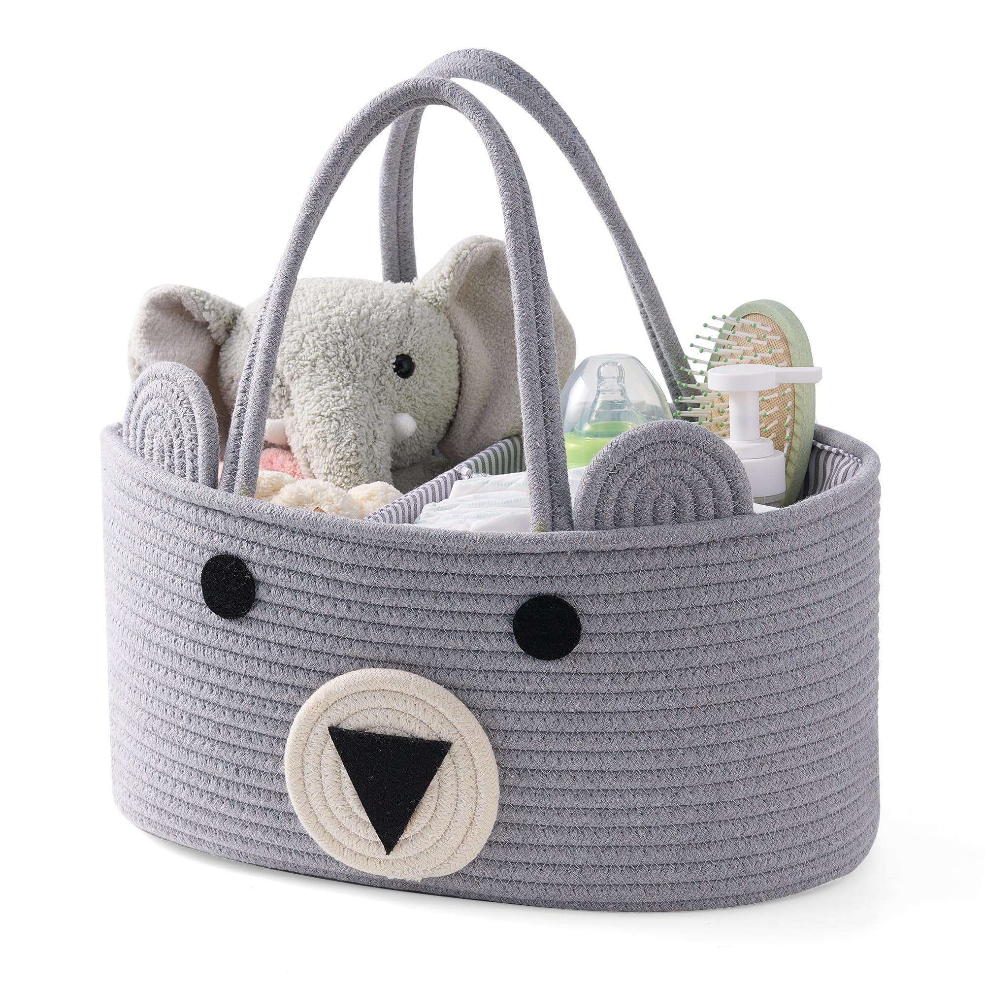 InfiBay Baby Diaper Caddy Organizer, Large Bear Cotton Rope Nursery Baby Shower Gifts, Changing Basket Table Baby Diaper Storage Portable Car Organizer, Baby Newborn Essentials-Gray