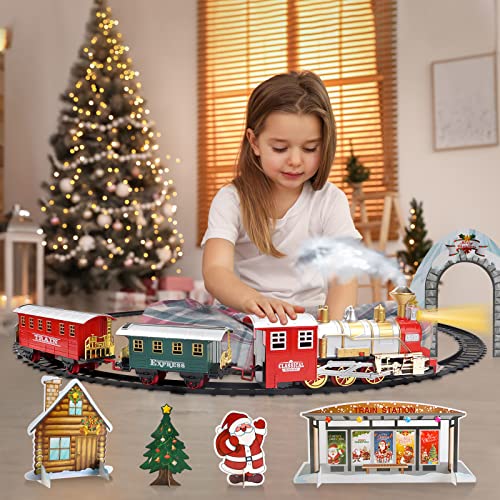 deAO Train Set for Christmas Tree,Classical Christmas Train Sets with Headlight, Smoke, Realistic Sounds, 3 Car Carriage and 11 Feet Track – Great Accessory for Kids and Christmas Decoration