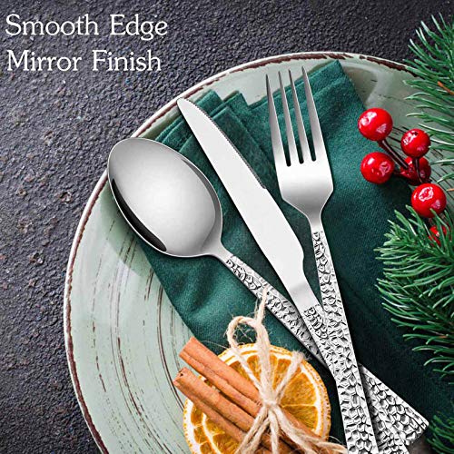 Hammered Silverware Set, E-far 40-Piece Stainless Steel Square Flatware Set for 8, Metal Tableware Cutlery Set Includes Dinner Knives/Forks/Spoons, Modern Design & Mirror Polished - Dishwasher Safe