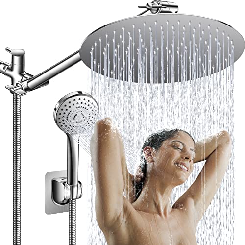 Rain Shower Head, 12" High Pressure Round Rainfall Shower Head Combo with 11" Adjustable Extension Arm, 5-Settings Handheld Shower Heads with 60" Stainless Steel Hose Anti-Leak (Chrome)