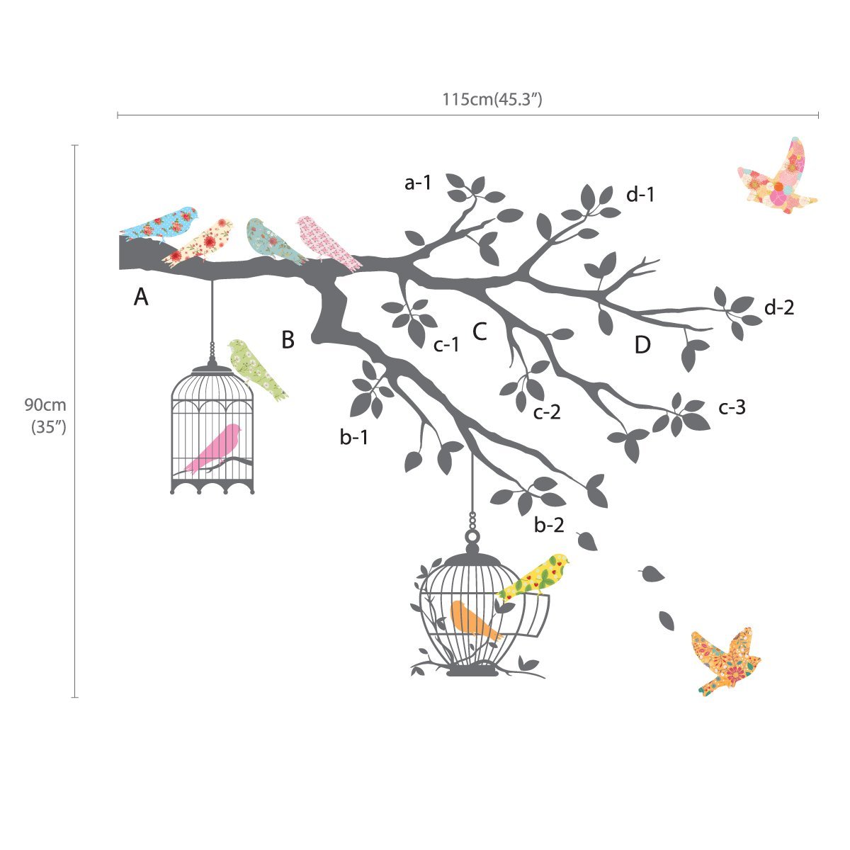 DECOWALL DW-1510 Birds on Tree Branch with Bird Cages Kids Wall Stickers Wall Decals Peel and Stick Removable Wall Stickers for Kids Nursery Bedroom Living Room (Grey) d?cor