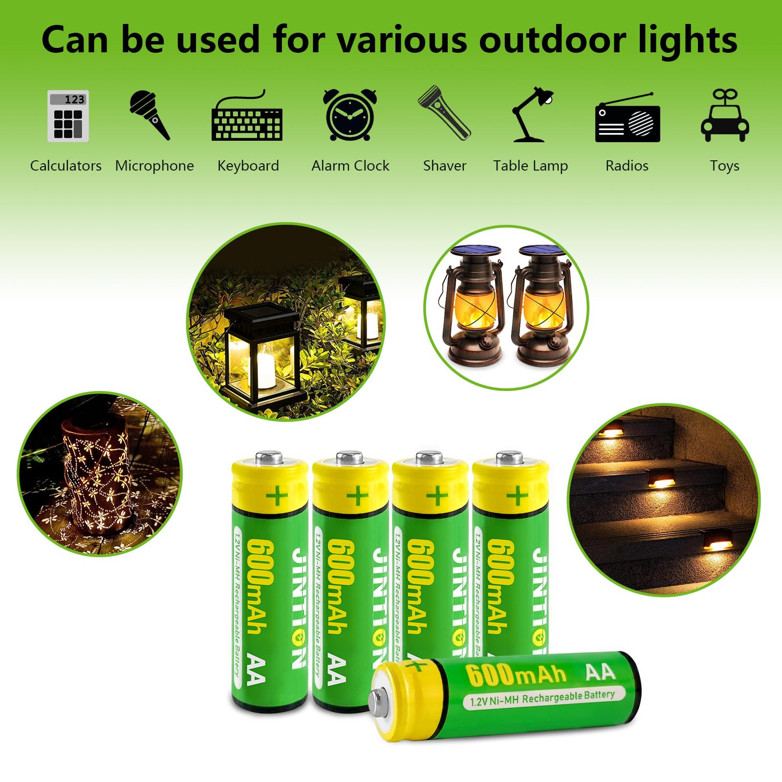 JINTION AA Rechargeable Batteries 600mah High Capacity 1.2V Ni-MH Double a Battery for Outdoor Solar Lights, String Lights, TV Remotes, Wireless Mouses, Flashlight