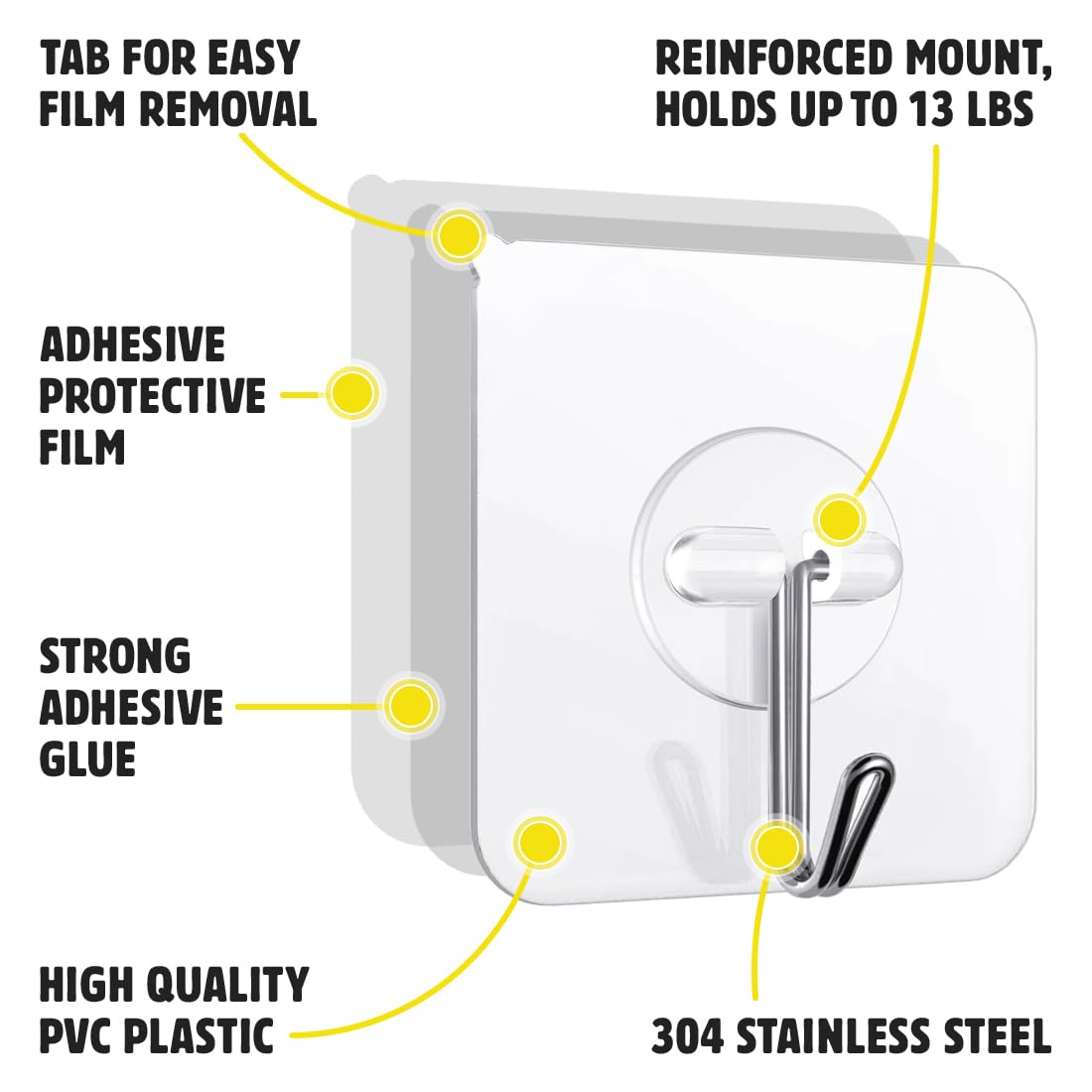 GOT 'EM Universal Adhesive Hooks Medium 6-Pack - Peel & Stick to Wall, Heavy Duty Holds 13 lbs of Towels, Coats, Picture, Plant. 90 Degree Adjust, Water Proof for Indoor/Outdoor, No Tools Needed