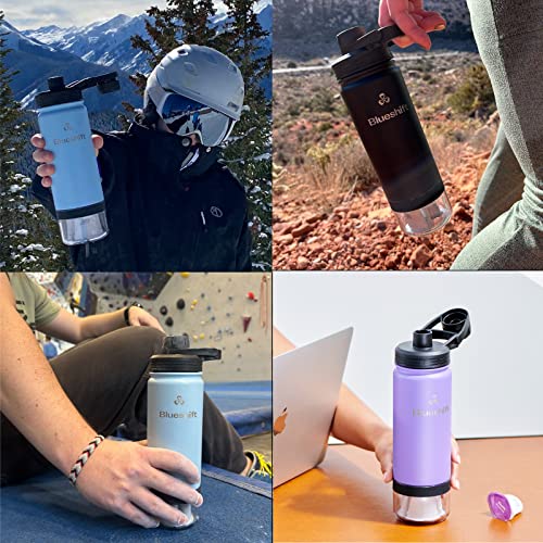 Blueshift Sidekick Stainless Steel Water Bottle, 18 Fl Oz Shaker Bottle With Blend Ball and Protein Storage Compartment, Includes 6 Superblend Supplements Inside Bottle (Sky)