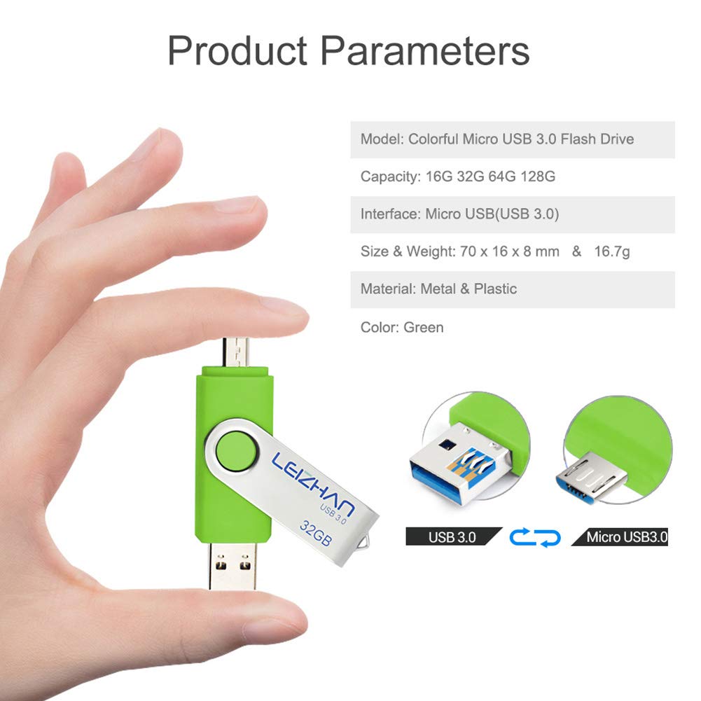 leizhan Thumb Drive 64 gb High Speed USB Flash Drive 3.0 for Samsung Galaxy S7/S6/S5/S4/S3/Note5/4/3/2/A7, Micro-USB 3.0 Memory Stick, Green