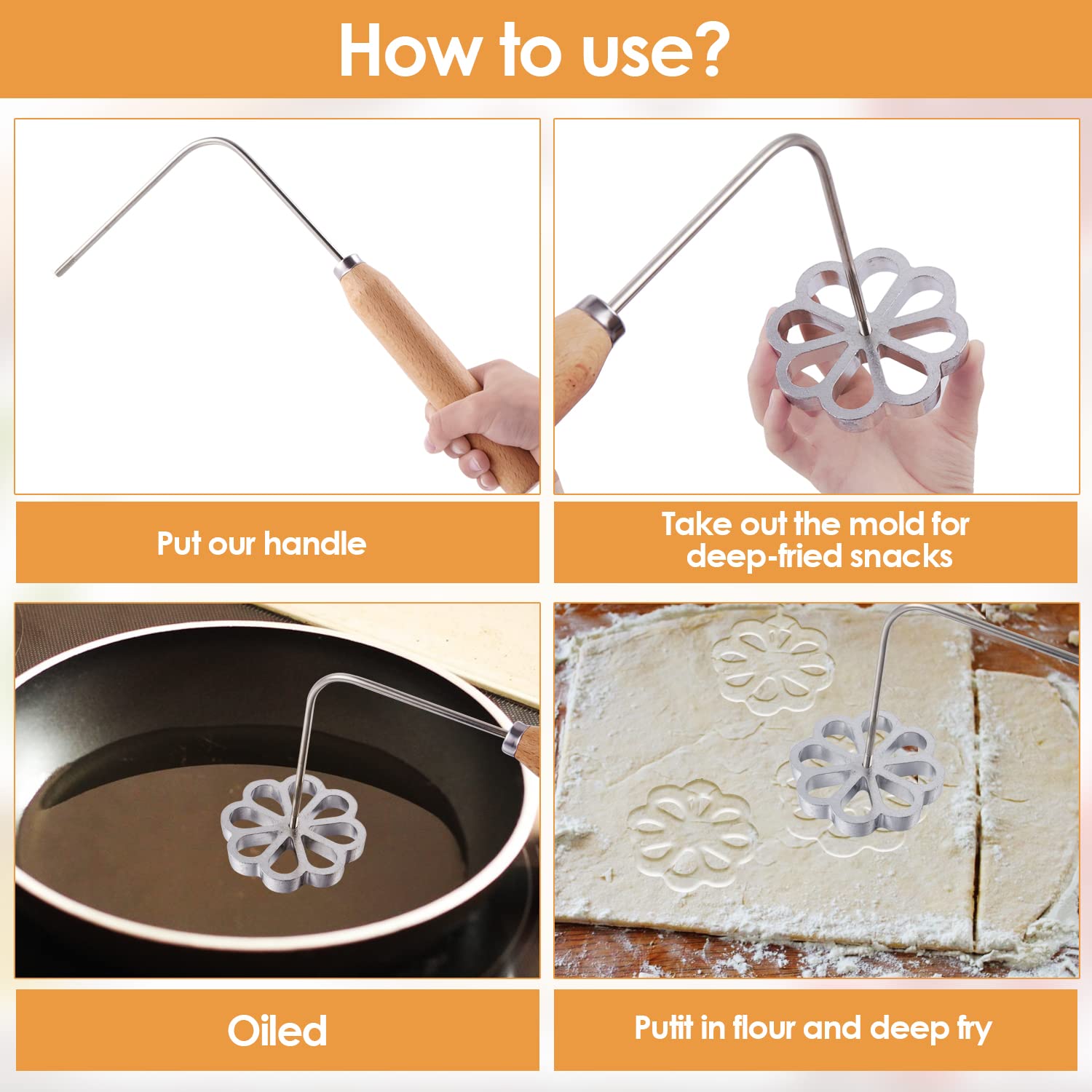 7 Pieces Rosettes Timbale Set, Rosette Iron Set with Handle, Lotus Flower Bunuelos Cookie Maker Mold, Funnel Cake Maker Kit…