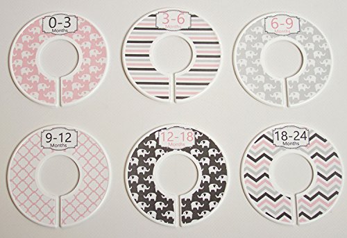 C97 Baby Closety Dividers Girl Pink Nursery Clothes Hanger Size Dividers Organizer Elephant Gray Set of 6