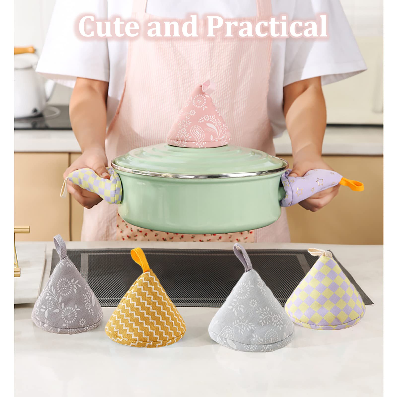 2Pcs Cotton Pot Handle Holder, Heat Resistant Cloth Pot Clip Covers Cooking Gloves Oven Mitt Mini Triangle Insulation Non-Slip Pot Lid Hats for Kitchen Cooking Baking Grilling (Flower-Light Grey)