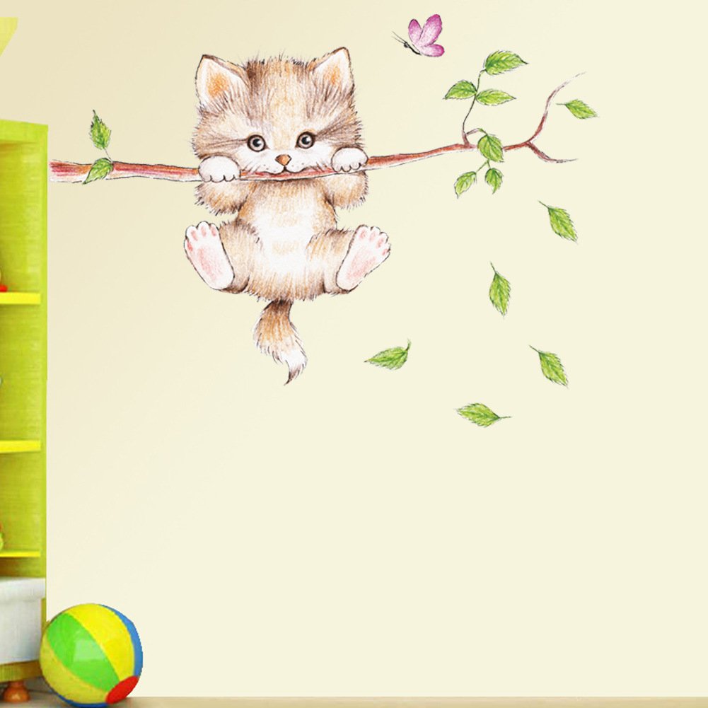 Cartoon Cute Cat On The Tree Branches Wall Decals Removable Kitty Wall Stickers Decor Girls Bedroom Decal Kids Nursery Sticker Bathroom Wall Art Decoration Kitty Decals Cats Wall Sticker