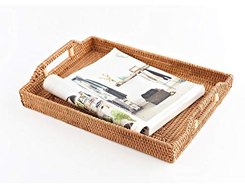 Hand-Woven Rattan Rectangular Serving Tray with Handles for Breakfast, Drinks, Snack for Coffee Table (14.5x10.2x1.4inches)