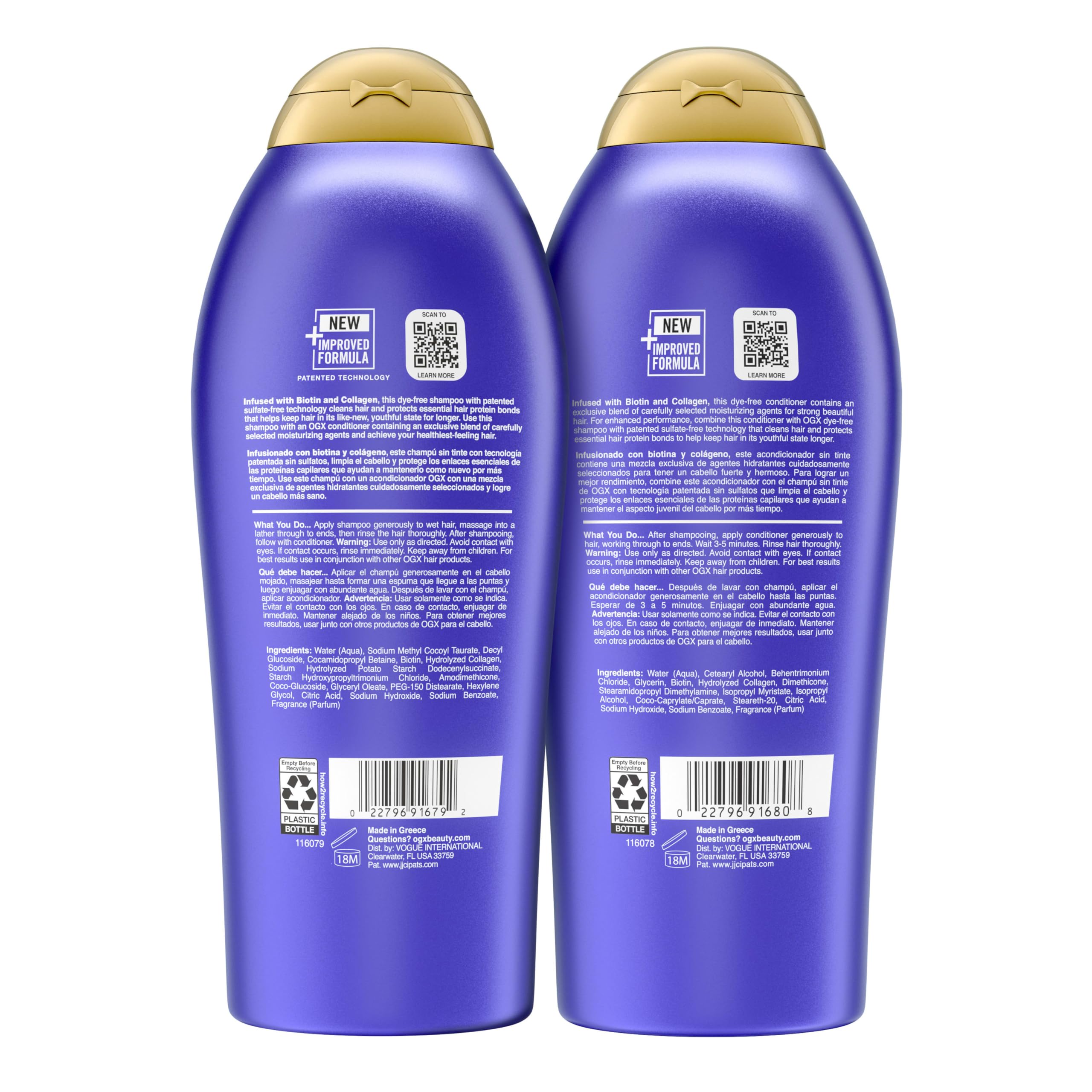 OGX Thick & Full + Biotin & Collagen Extra Strength Volumizing Shampoo + Conditioner with Vitamin B7 & Hydrolyzed Wheat Protein for Fine Hair, 25.4 oz Pack of 2