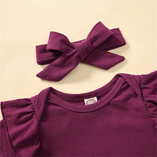 CETEPY Baby Girl Clothes Newborn Summer Outfits Infant 3Pcs Floral Pants + Short Ruffle Romper Playsuit + Headband Wine Red 0-3 Months 70cm