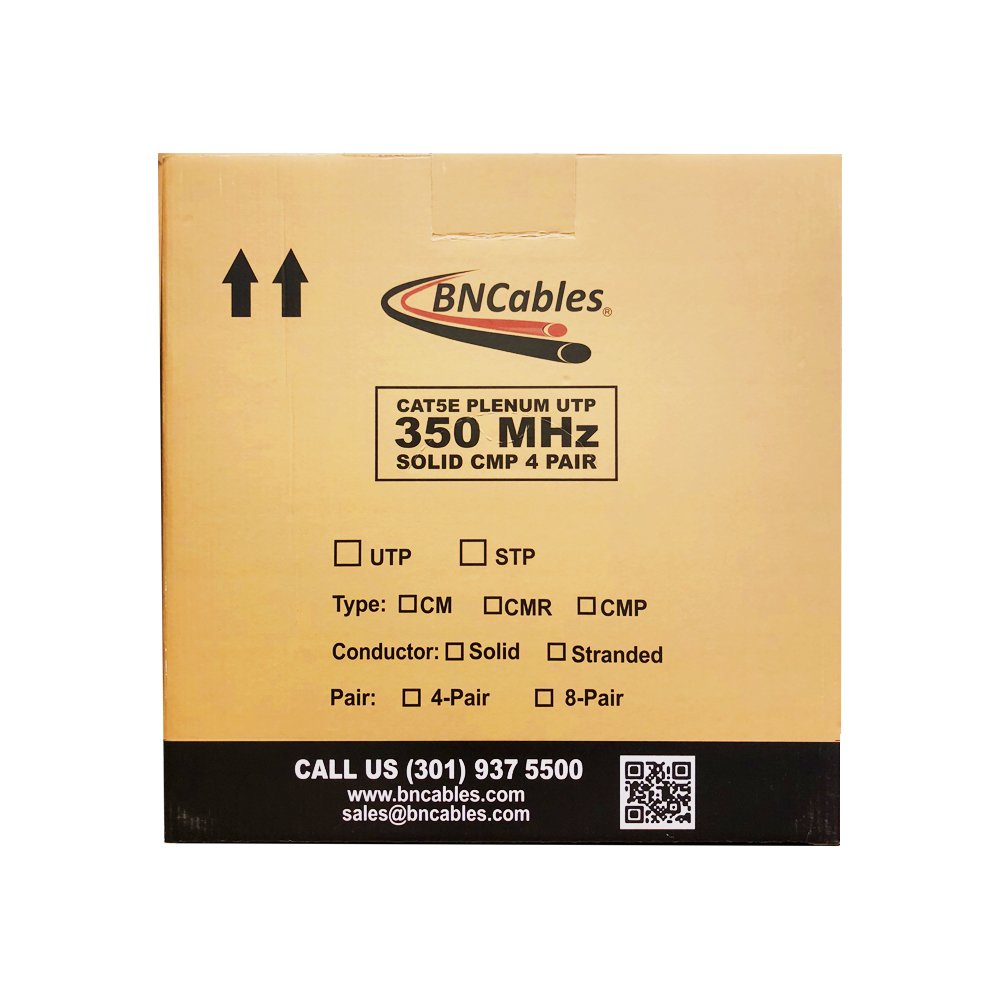 CAT5e (CMP) Plenum Cable, 1000FT | 24AWG 4Pair, 350MHz Solid Network Cable Unshielded Twisted Pair (UTP), Available in Blue, White, Gray & Black Color