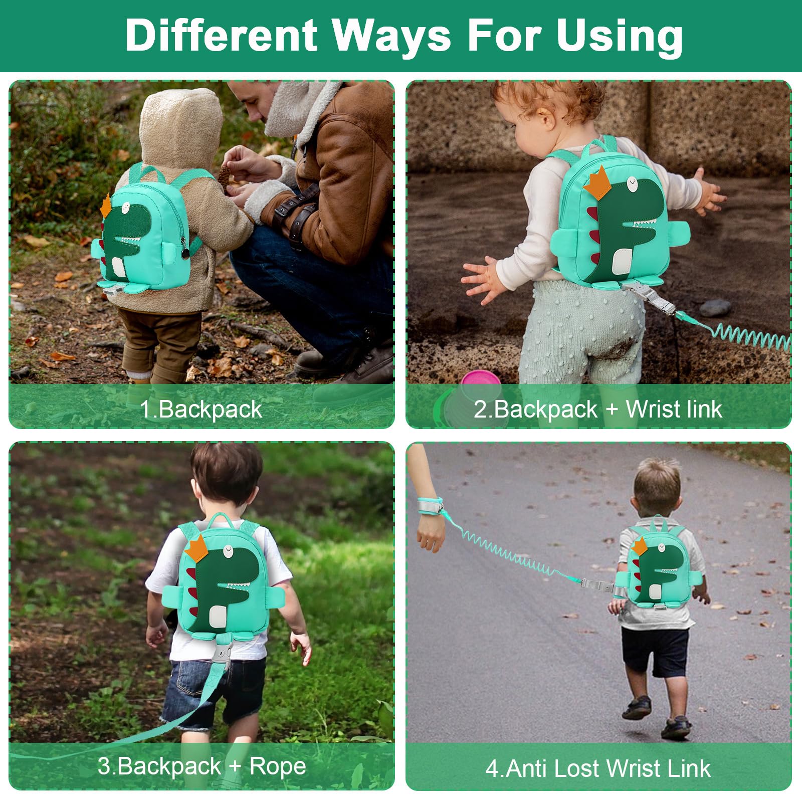 Accmor Toddler Harness Backpack Leash, 4 in 1 Kid Dinosaur Backpacks with Anti Lost Wrist Link, Child Cute Daycare Bags with Rope Tether Keep Boys Girls Walking Close(Green)