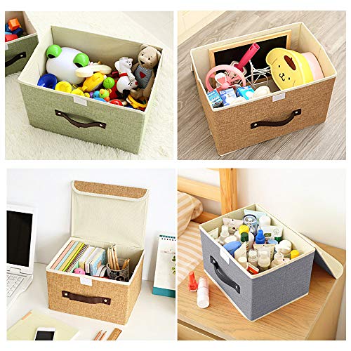 Lucky Monet 2 Pack Linen Fabric Foldable Storage Bin Set Collapsible Storage Box Cube Closet Organizer with Lid & Faux Leather Handle, 10βx8βx7β (Grey)