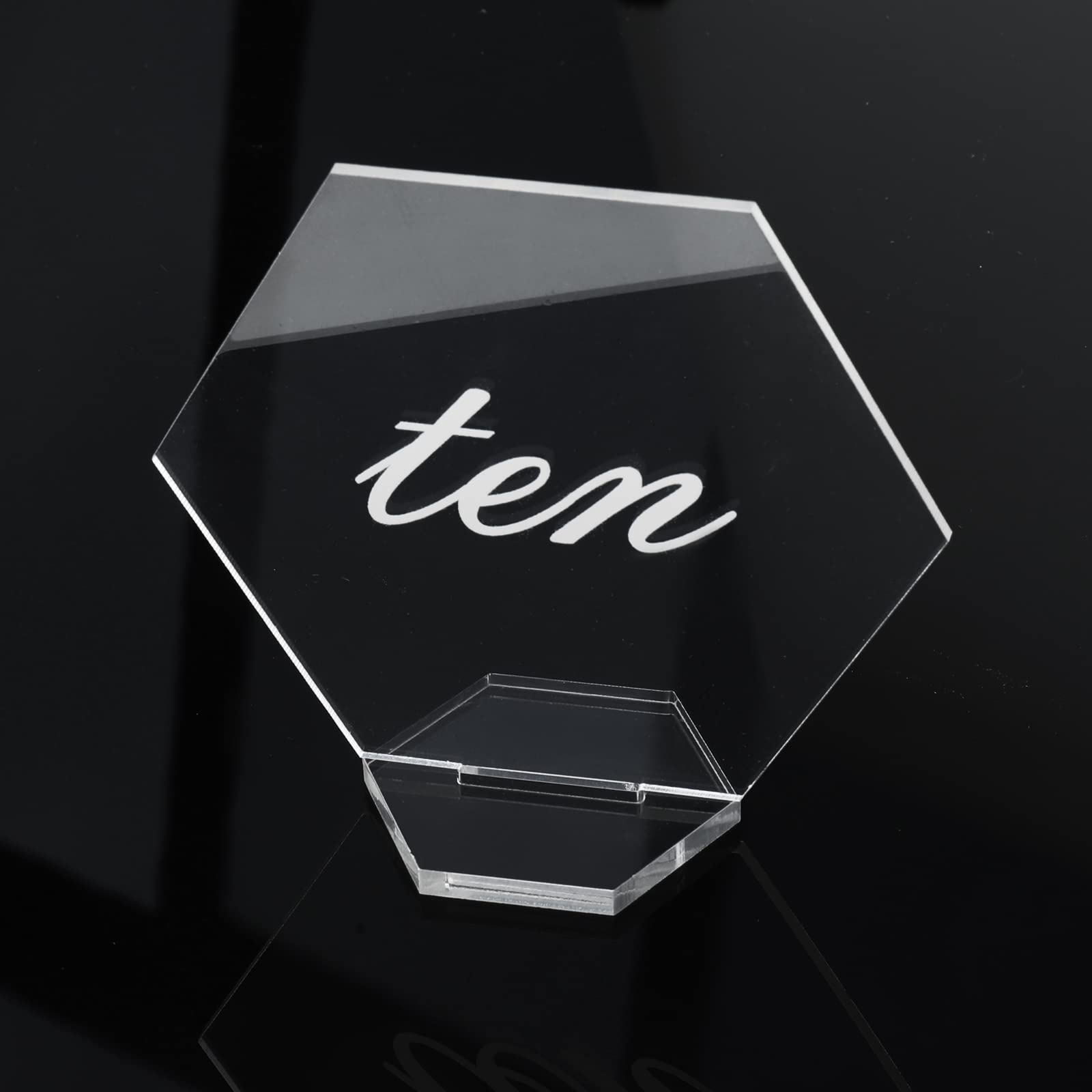 HighFree Hexagon Acrylic Table Numbers 1-20 with Stand - Printed Calligraphy Place Cards, Clear Acrylic Table Numbers for Wedding Reception, 4x4.5 inch, Set of 21