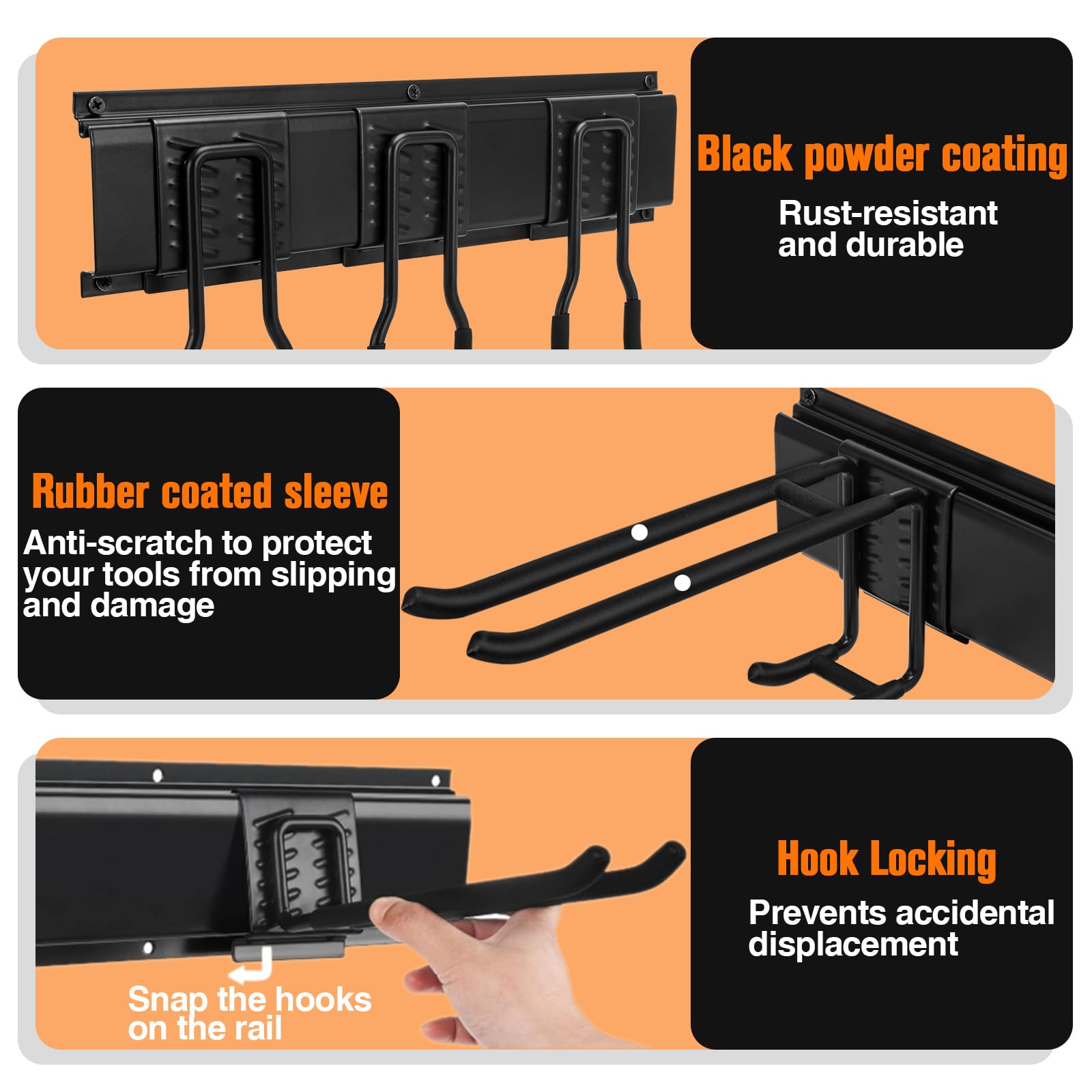 Tool Storage Rack - Garage Tool Organizer Wall Mount, 13Pcs Heavy Duty Garden Tool Organizer with 4 Rails & 9 Hooks for Garage Garden Shed Yard, 64in Adjustable Garage Storage Rack, Max Load 600 Lb