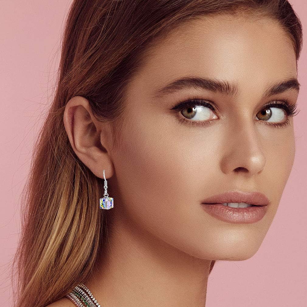 Austrian Crystal Cube Drop Dangle Earrings for Women Fashion 14K Gold Plated Hypoallergenic Jewelry (Aurora Borealis)