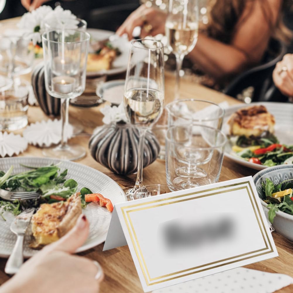 ccHuDE 50 Pcs Table Place Cards Tent Name Place Cards Folded Table Setting Cards Blank Table Number Signs with Foil Border for Wedding Party Gold