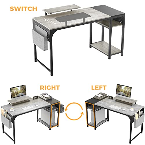 55 Inch Oak Grey Home Office Computer Desk with Monitor Stand Storage Shelves, Work Study Writing PC Gaming Table Large Workstation with Sturdy Black Metal Frame Dual Pegboard Organizers & Accessories
