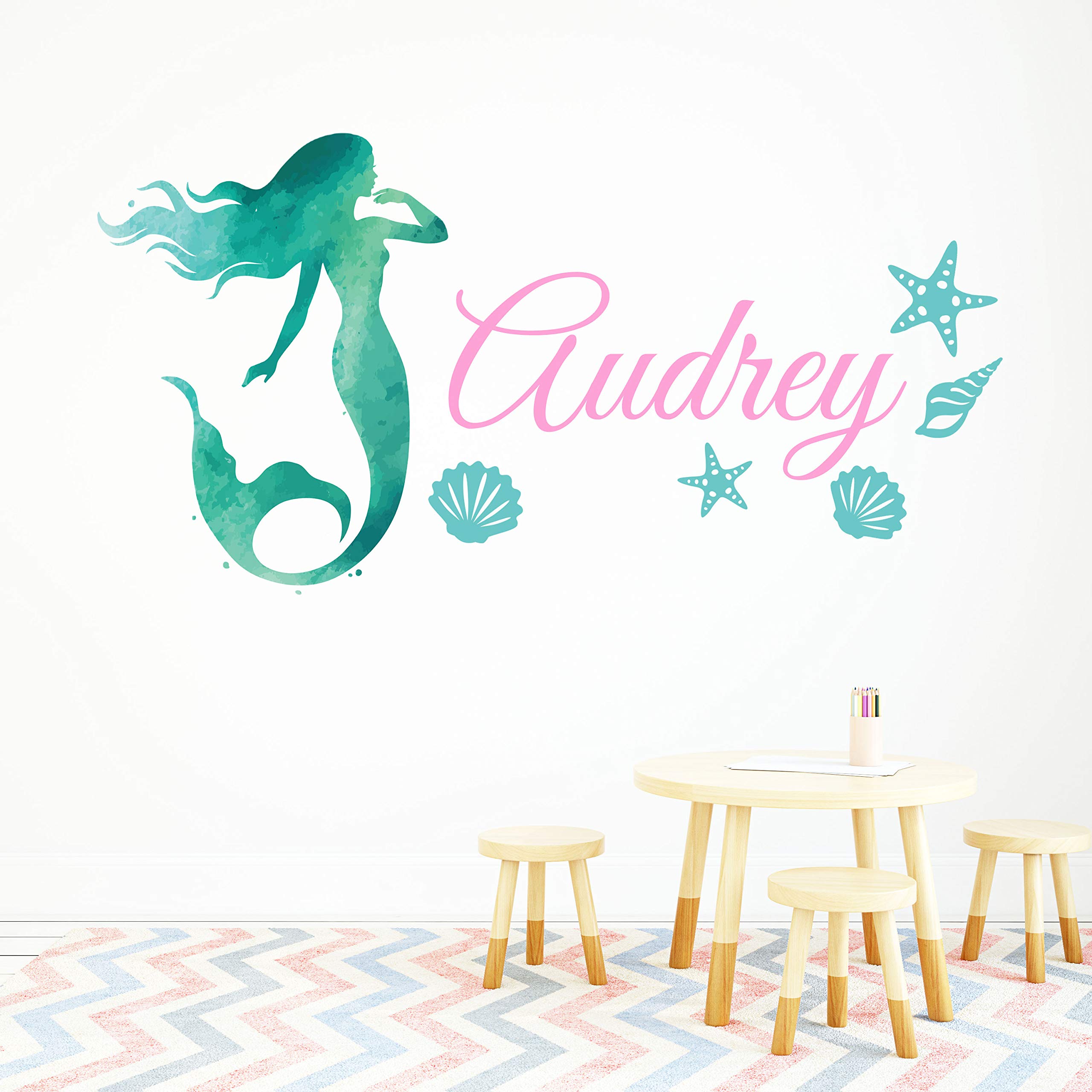 Girls Custom Personalized Watercolor Name Mermaid and Shells Nursery Decor Wall Decal Stickers (Medium)