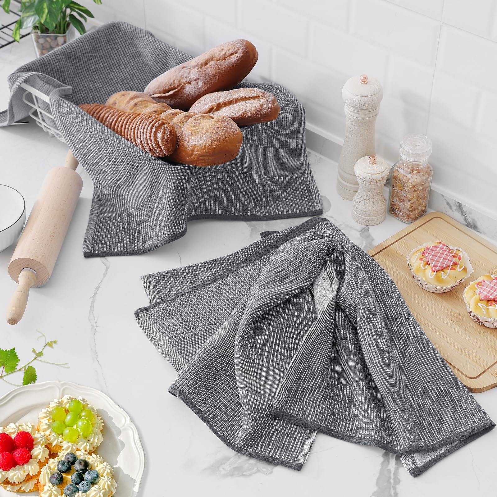 Homaxy Premium Kitchen Towels(18βx 28β, 6 Pack), Large Cotton Kitchen Hand Towels, Flat and Terry Dish Towels, 380 GSM Highly Absorbent Tea Towels Set with Hanging Loop, Grey