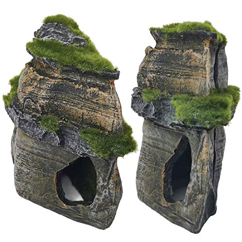 PINVNBY Aquarium Rock Cave, Hollow Fish Tank Ornament, Betta Hiding Hut Resin Mountain Landscape with Moss for Shrimps Guppies Cichlids Playing Resting