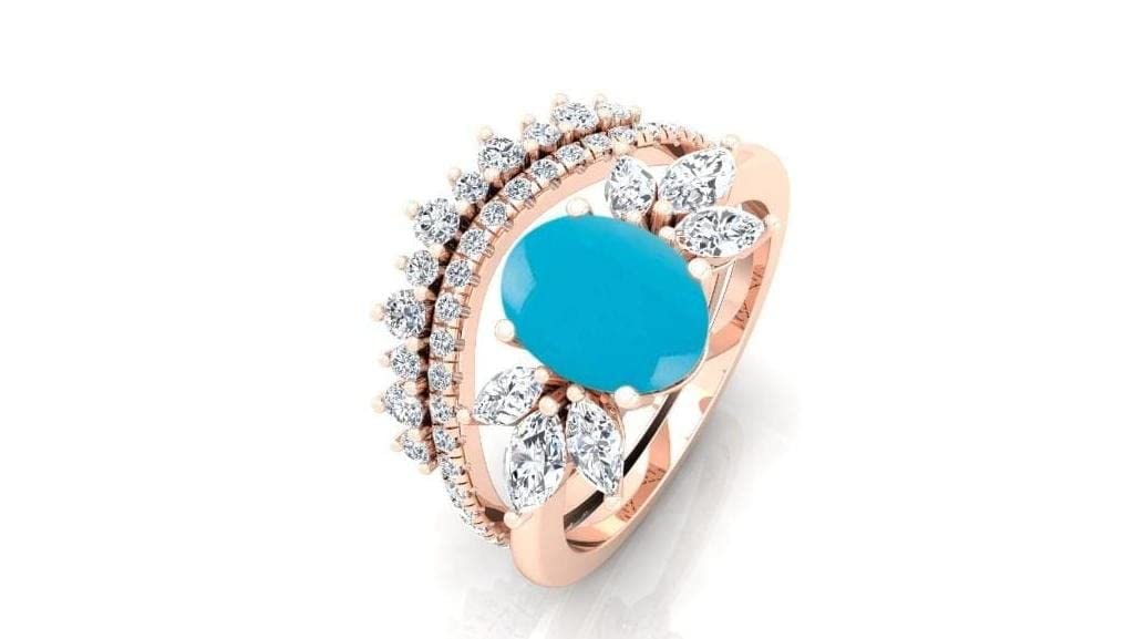 2pcs Ring Set, Oval Cab Natural Sleeping Beauty Turquoise Engagement Ring Set, Art deco Proposal Ring Set, Side Marquise Moissanite Ring