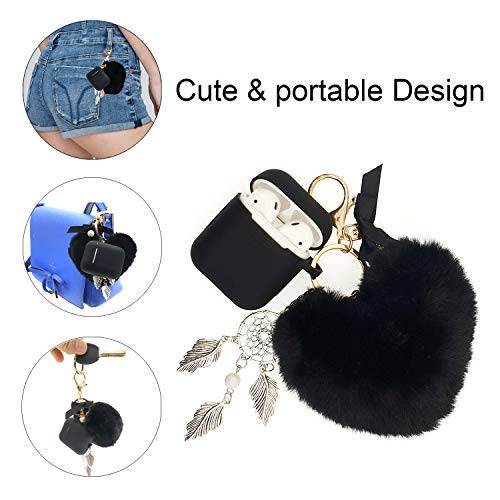 Silicone Skin and Cover Case Adorable Anti-Loss Replacement Fits for Apple AirPods 2/1 Charging Case Drop Proof Airpod Case with Elegant Fluffy Heart Shaped Fur Ball Dream Catchers Keychains