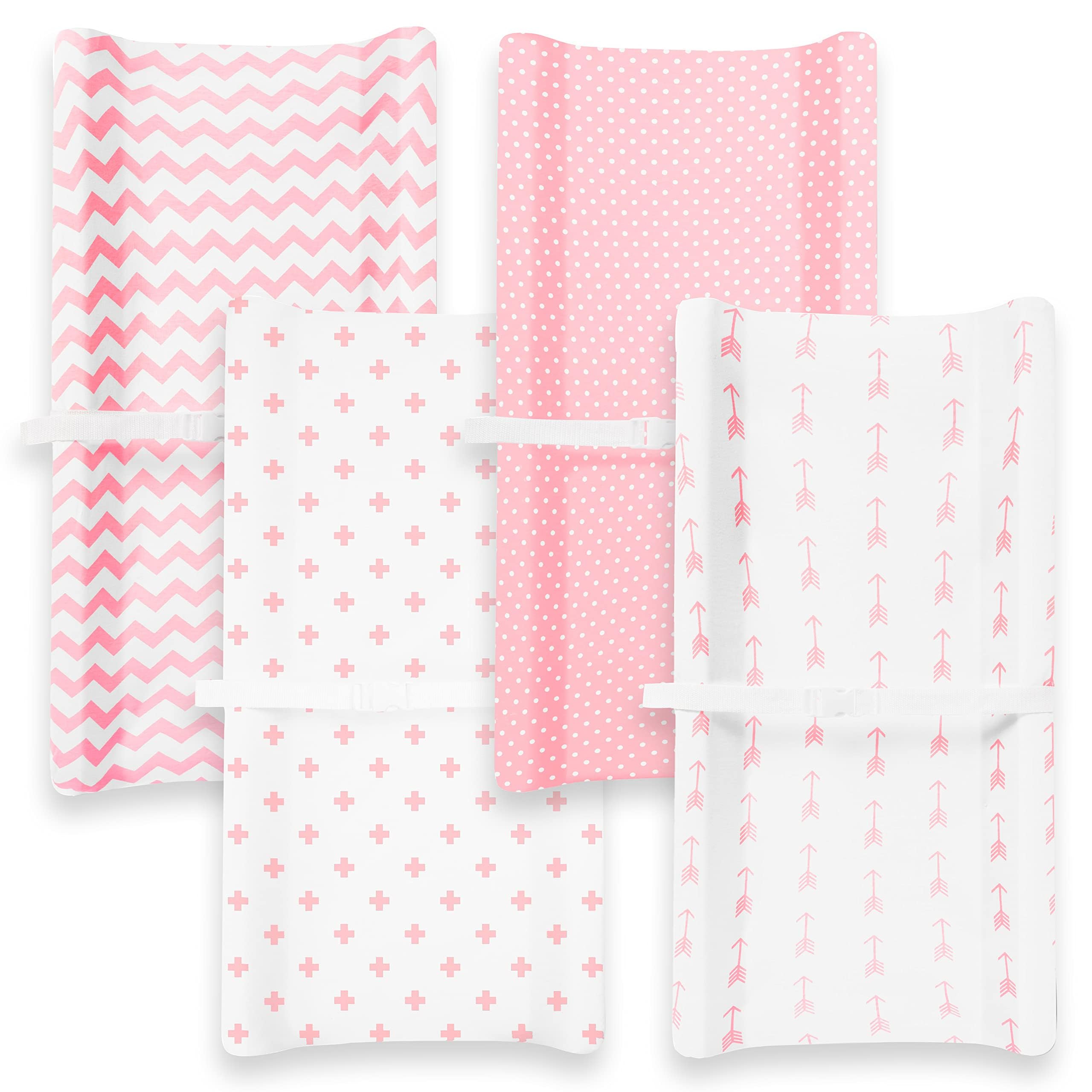 Changing Pad Cover – Baby Changing Pad Covers 4 Pack – Girls Changing Pad Cover Set – Pure Cotton Machine Washable Pink and White Changing Table Cover – Diaper Changing Pad Cover Sheets